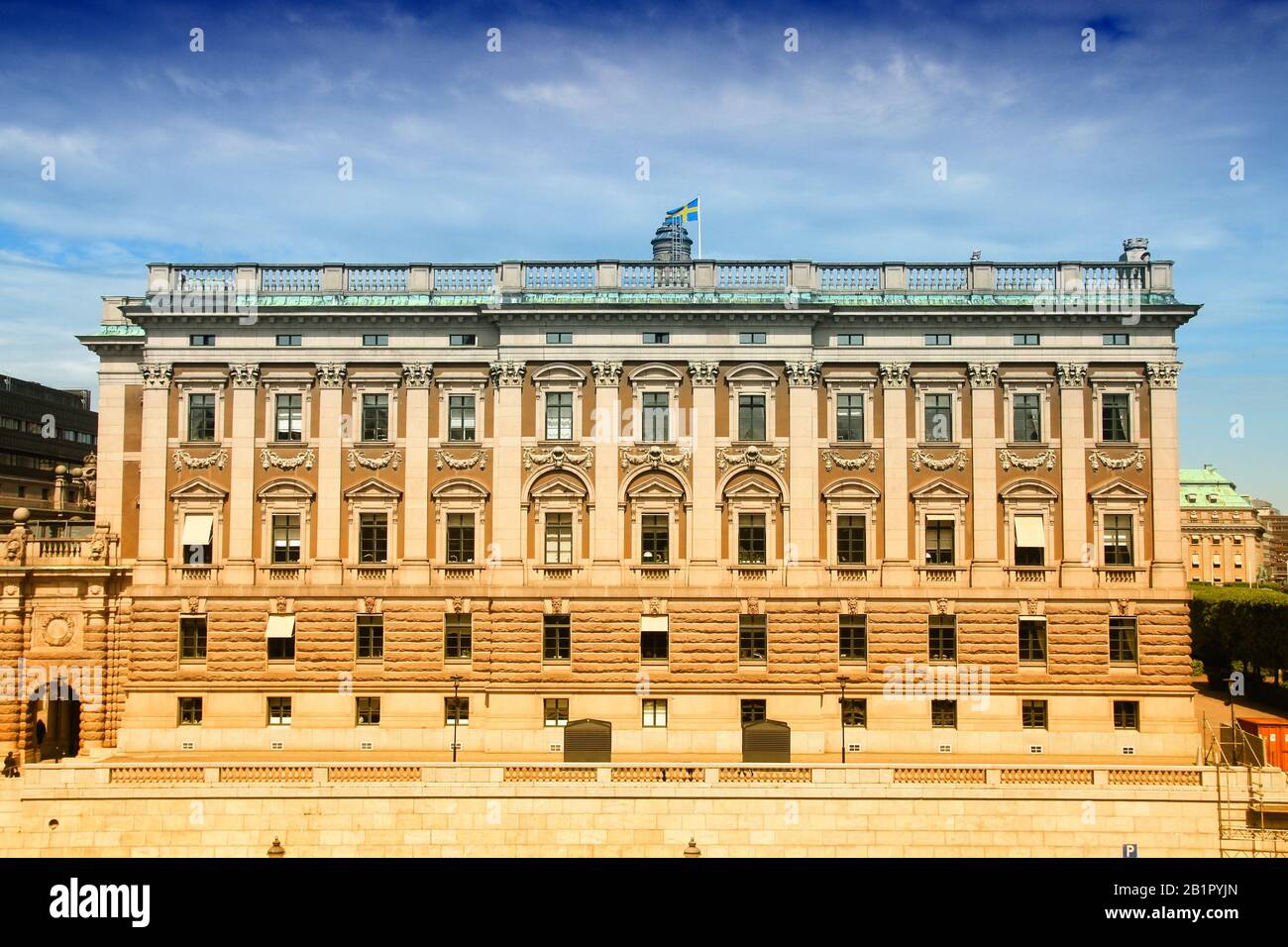 Stockholm, Sweden. Riksdag (parliament) building at Helgeandsholmen island. Filtered style ...