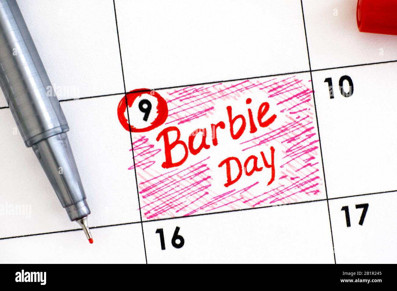 Reminder Barbie Day in calendar with red pen. March 09 Stock Photo - Alamy