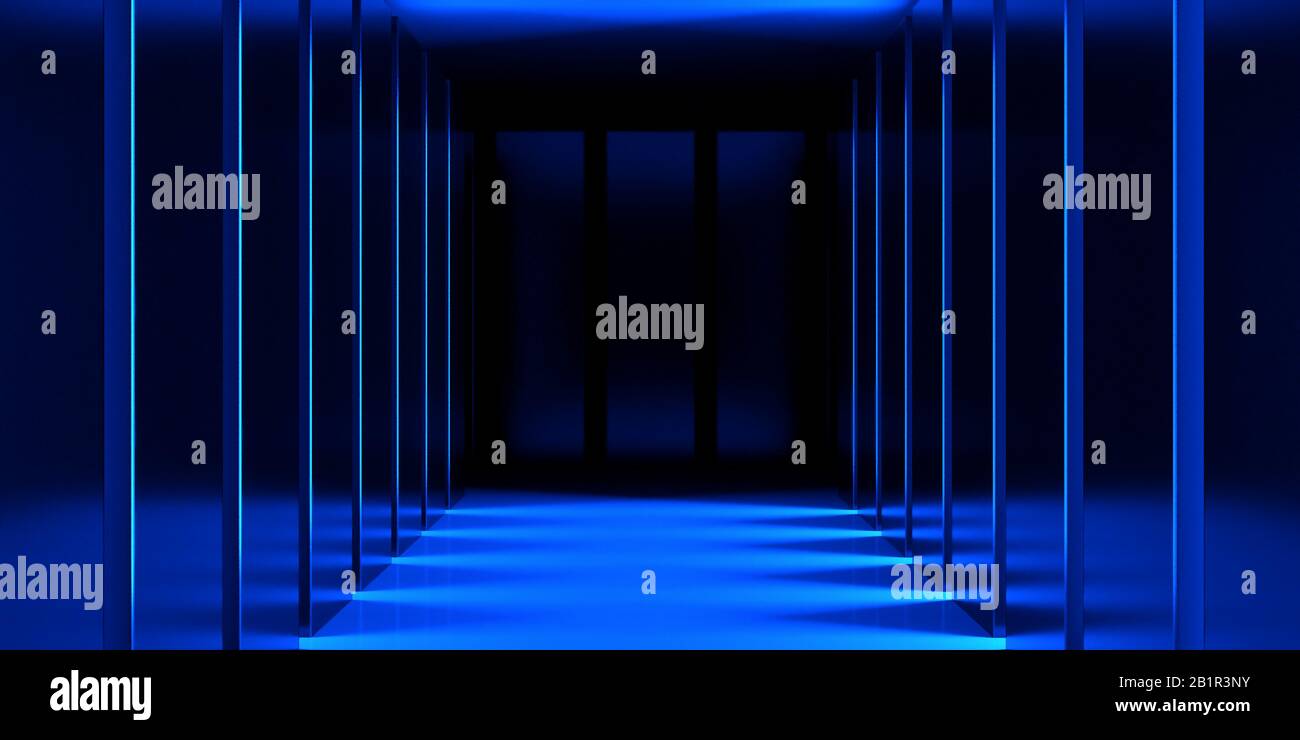 Blue lit server or datacenter cloud computing room interieur background ...