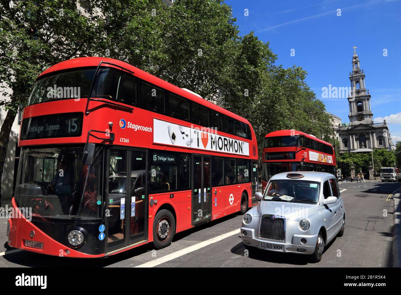 LONDON, UK - JULY 6, 2016: New Routemaster bus and a taxi cab in London ...
