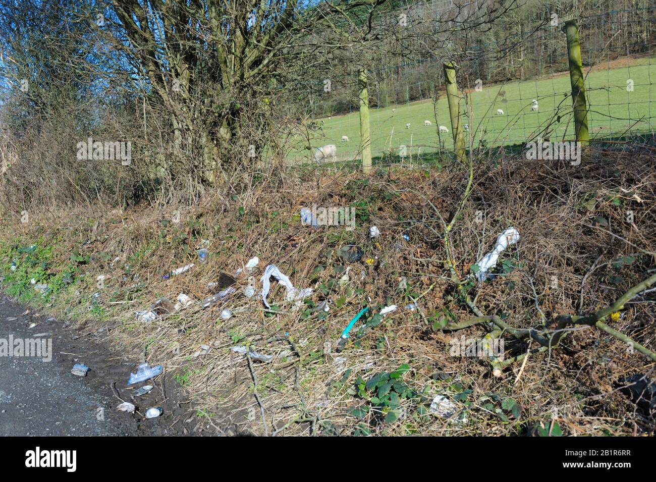 Litter and waste discarded at a layby on a rural road in Wales Stock ...