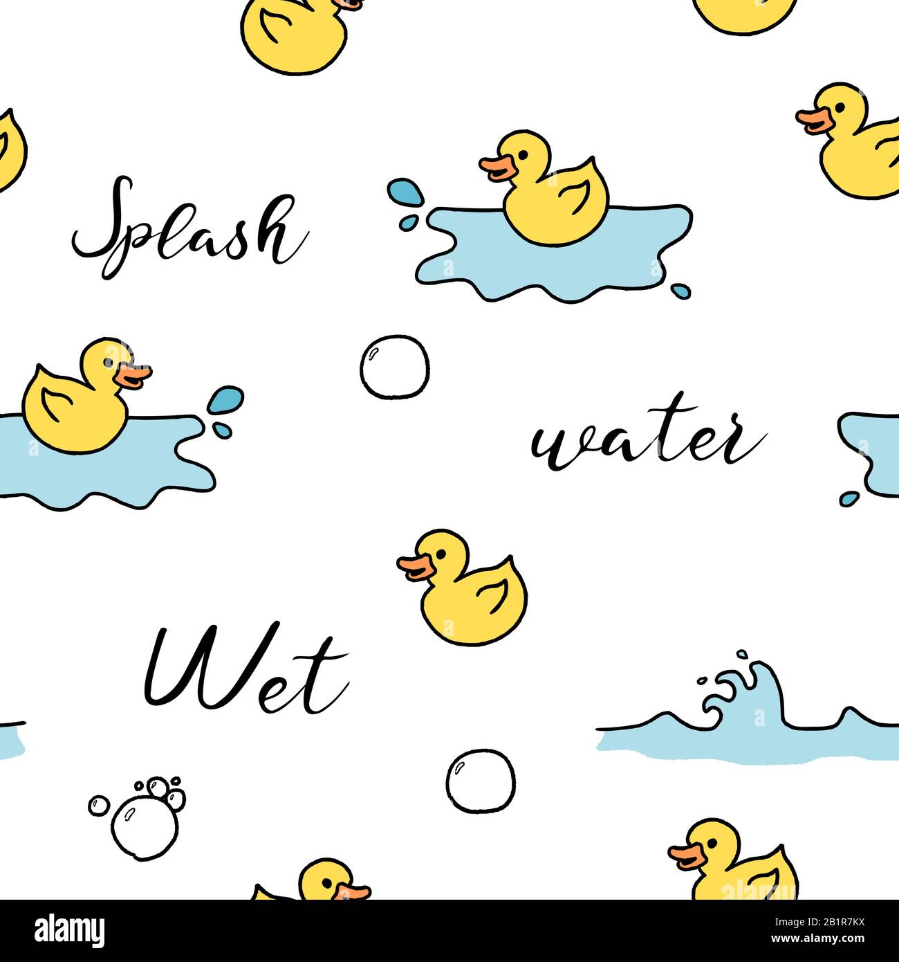 Bath fun background - seamless pattern with doodle rubber toy ducks ...
