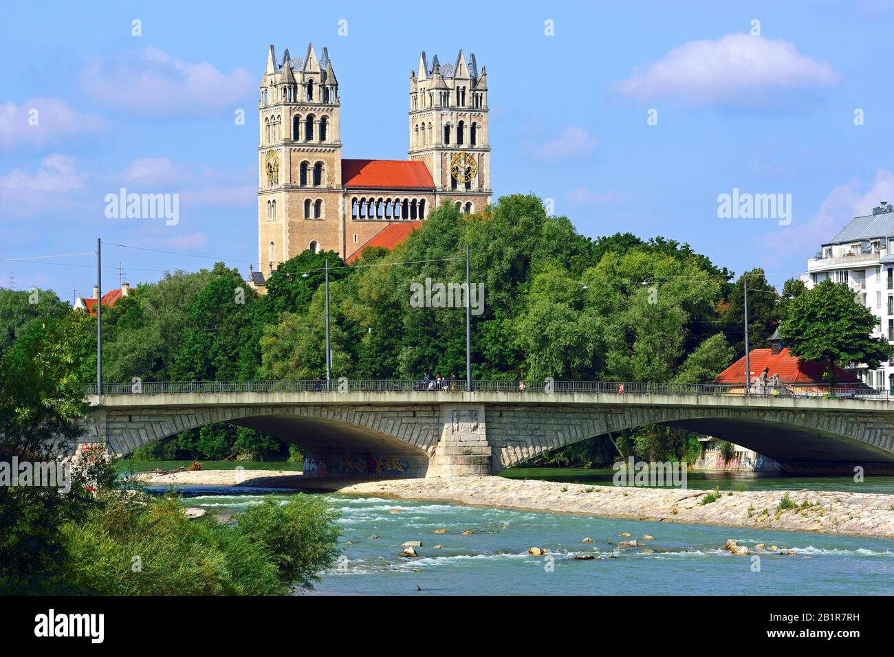bridge Reichenbach in Glockenbachviertell over river with chruch St ...