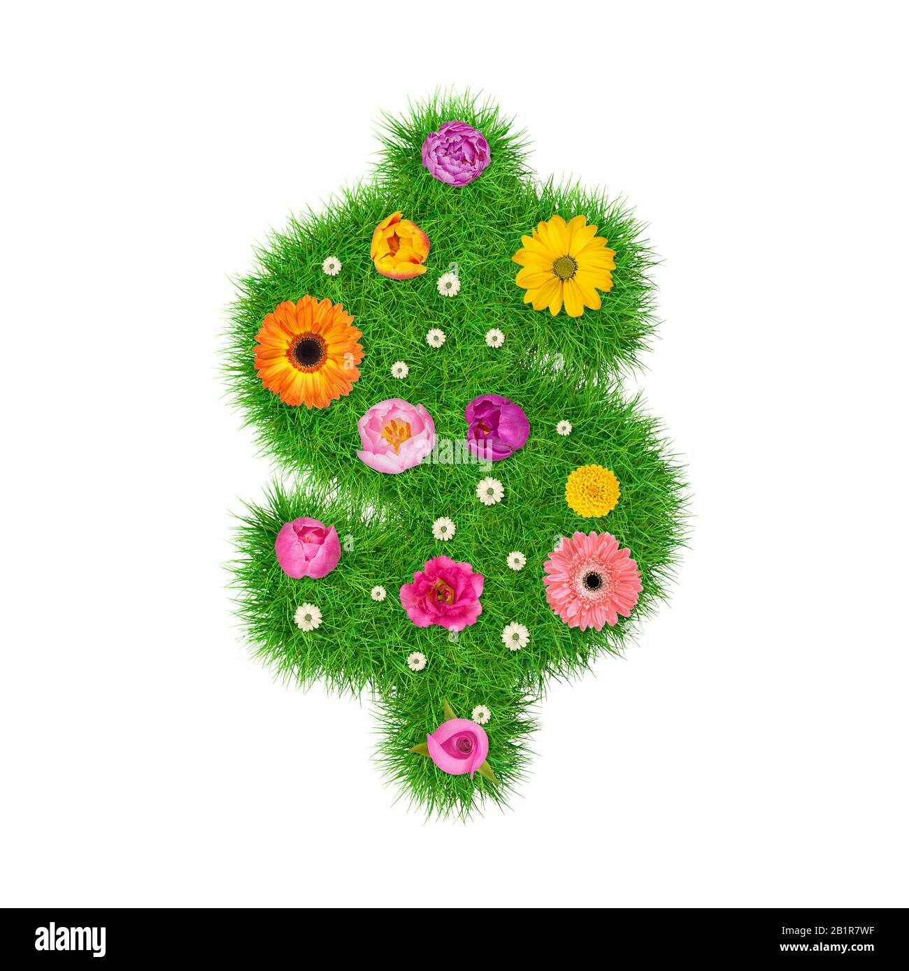 Dollar sign made of grass and colorful flowers, spring concept for ...