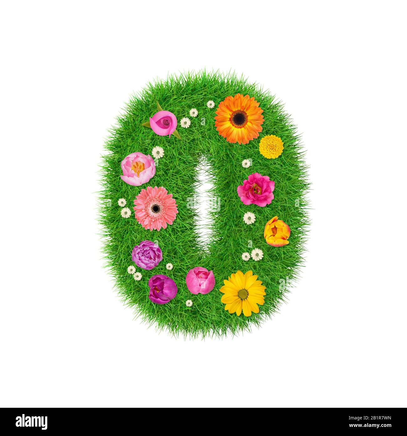 Number 0 made of grass and colorful flowers, spring concept for graphic ...