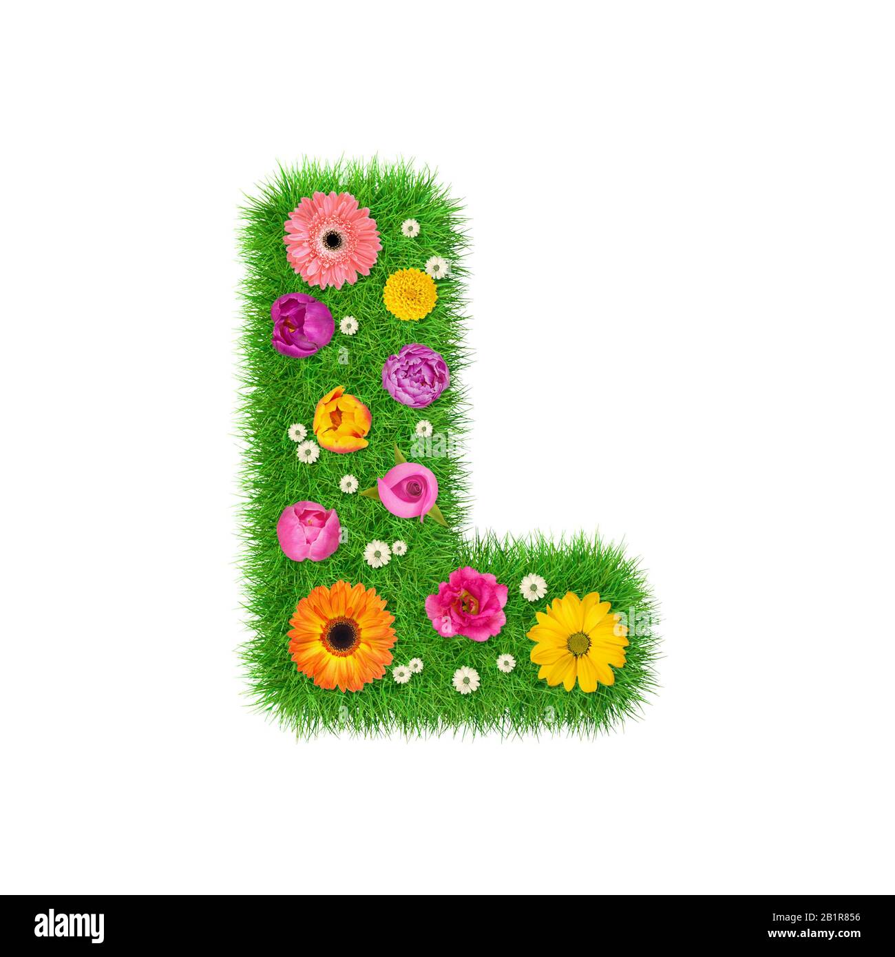 Letter L made of grass and colorful flowers, spring concept for graphic ...