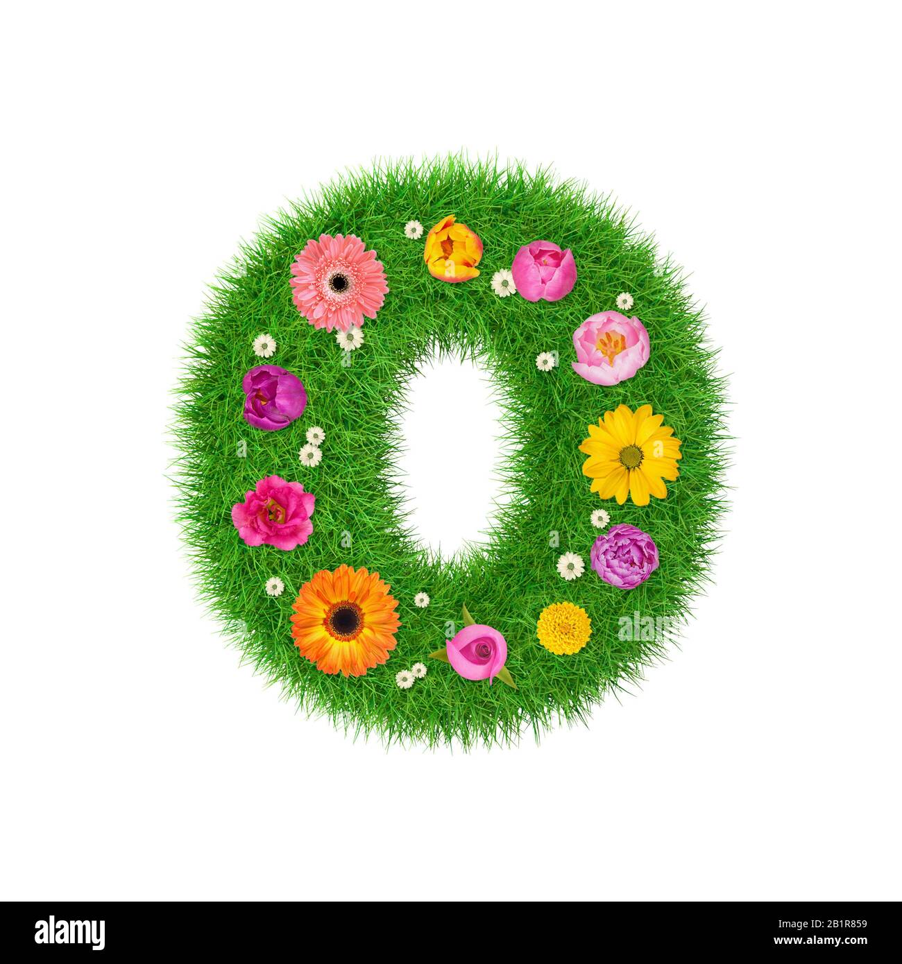 Letter O made of grass and colorful flowers, spring concept for graphic ...