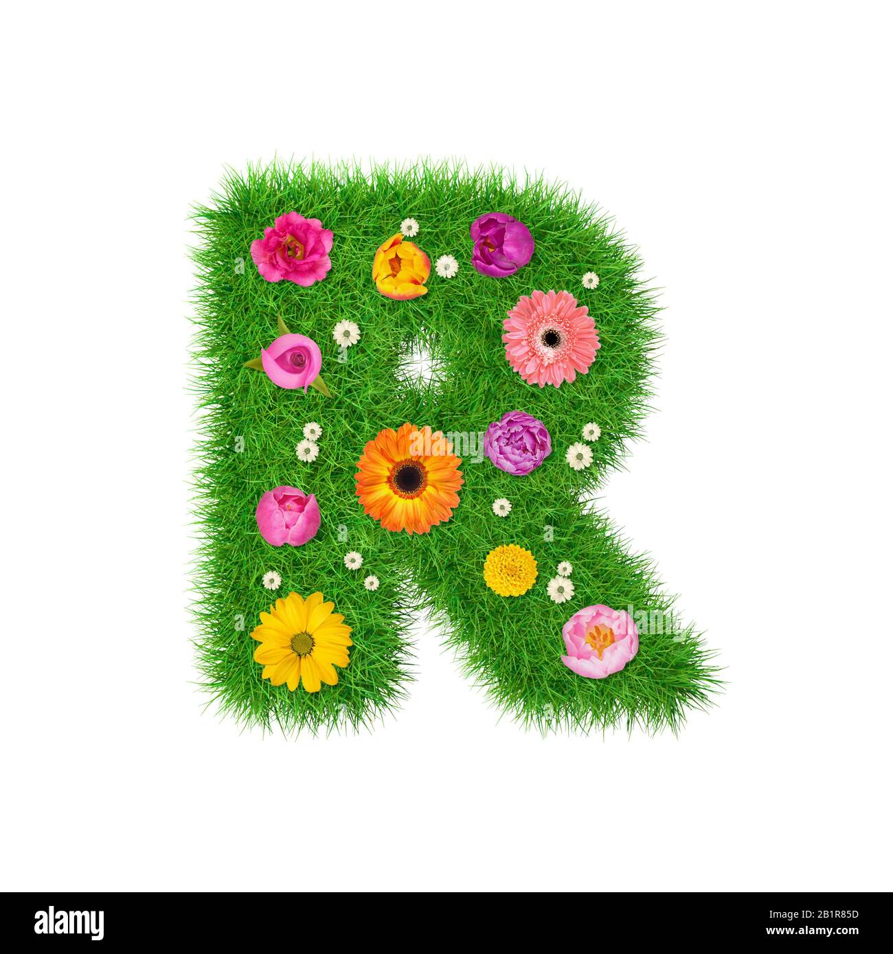 Letter R made of grass and colorful flowers, spring concept for graphic ...