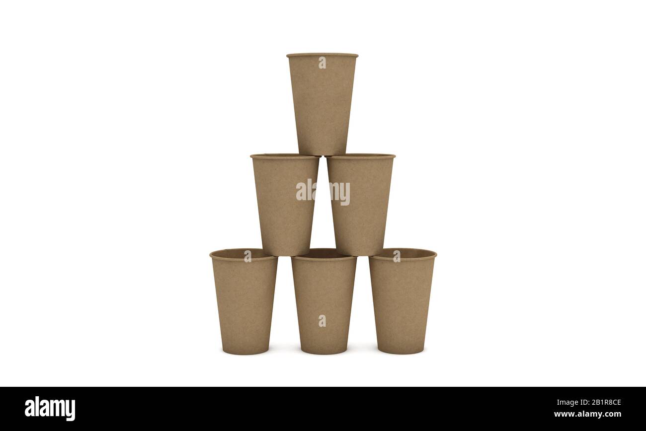 Pyramid of brown cardboard coffee cups on white background, ecology ...
