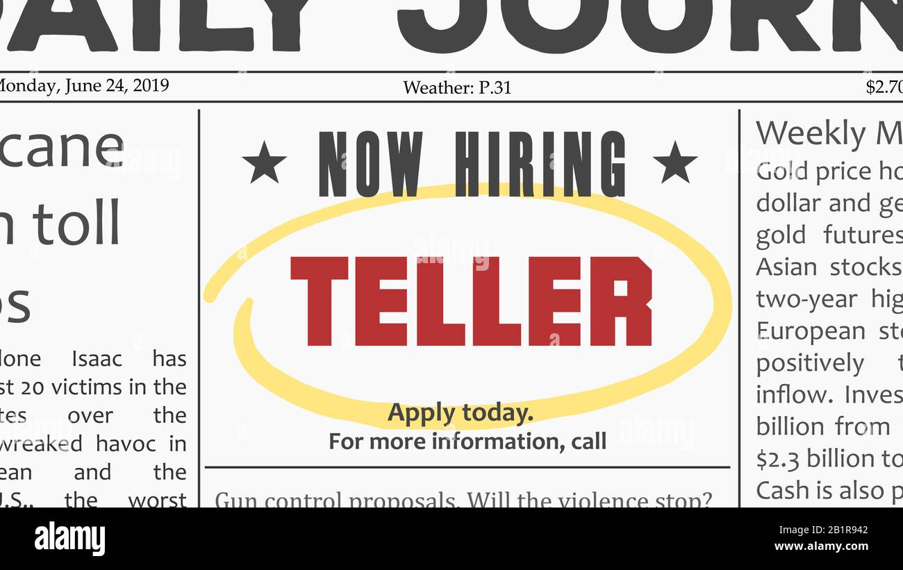 Bank teller - job offer. Newspaper classified ad career opportunity ...