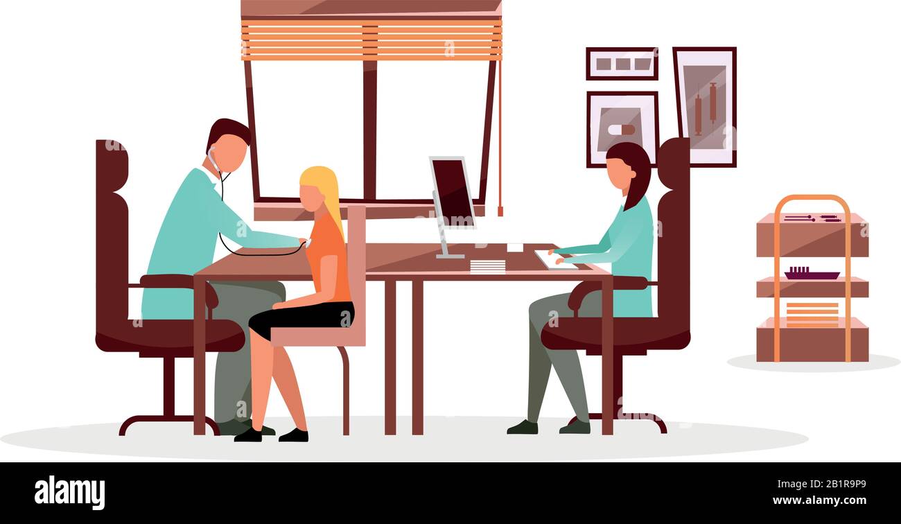 General practitioner examining patient flat vector illustration. Doctor ...