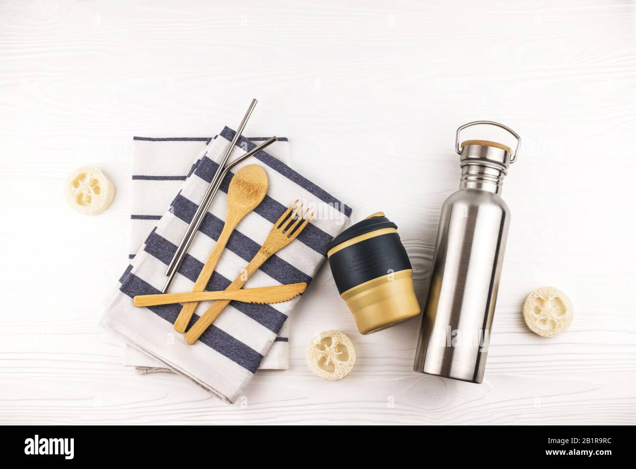 Eco set with bamboo cutlery, reusable coffee mug and water bottle with ...