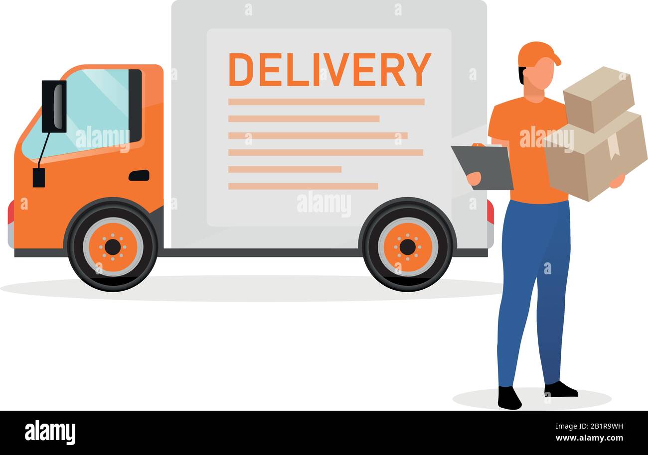 Delivery van driver with parcels flat character. Courier, postman ...
