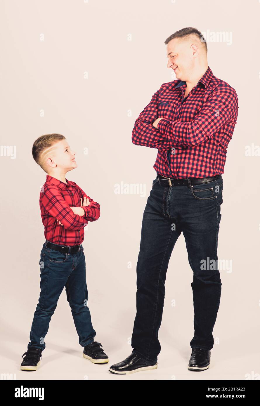 Father little son red shirts family look outfit. Best friends forever ...
