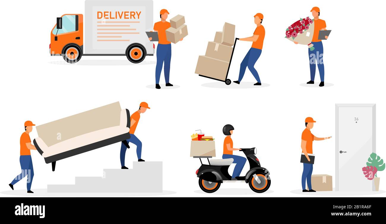 Delivery service workers flat vector illustrations set. Couriers ...