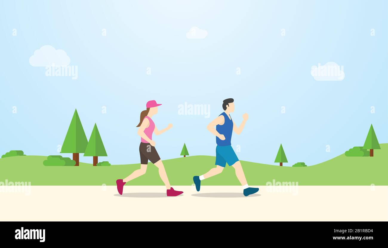 couple run together with nature background with clear sky with modern ...
