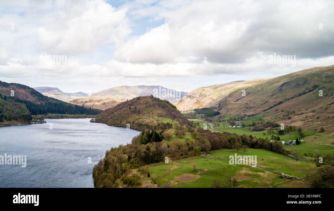 Thirlmere and Great How, Lake District, England. Aerial view over ...