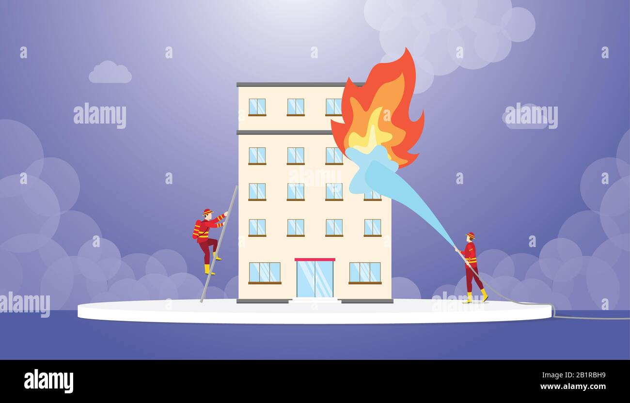 firefighter team work on fire building with water splash concept with ...