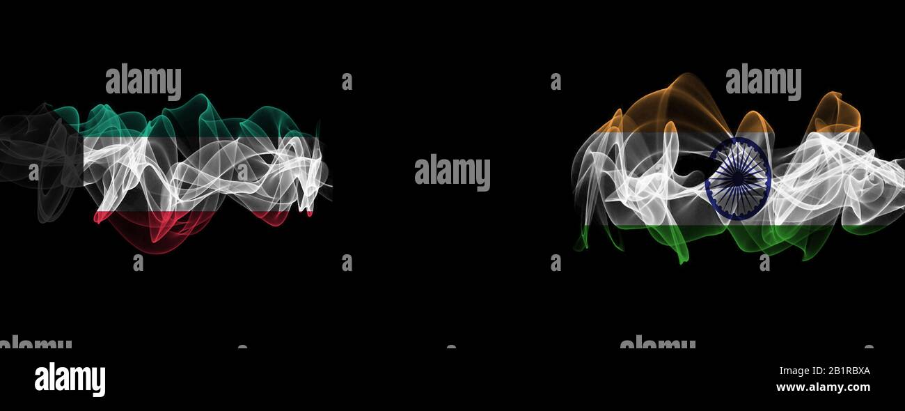 Flags of Kuwait and India on Black background, Kuwait vs India Smoke ...