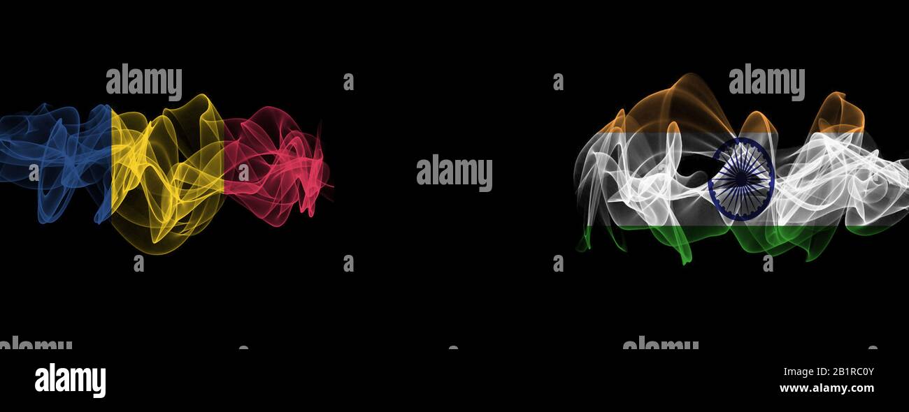 Flags of Romania and India on Black background, Romania vs India Smoke ...