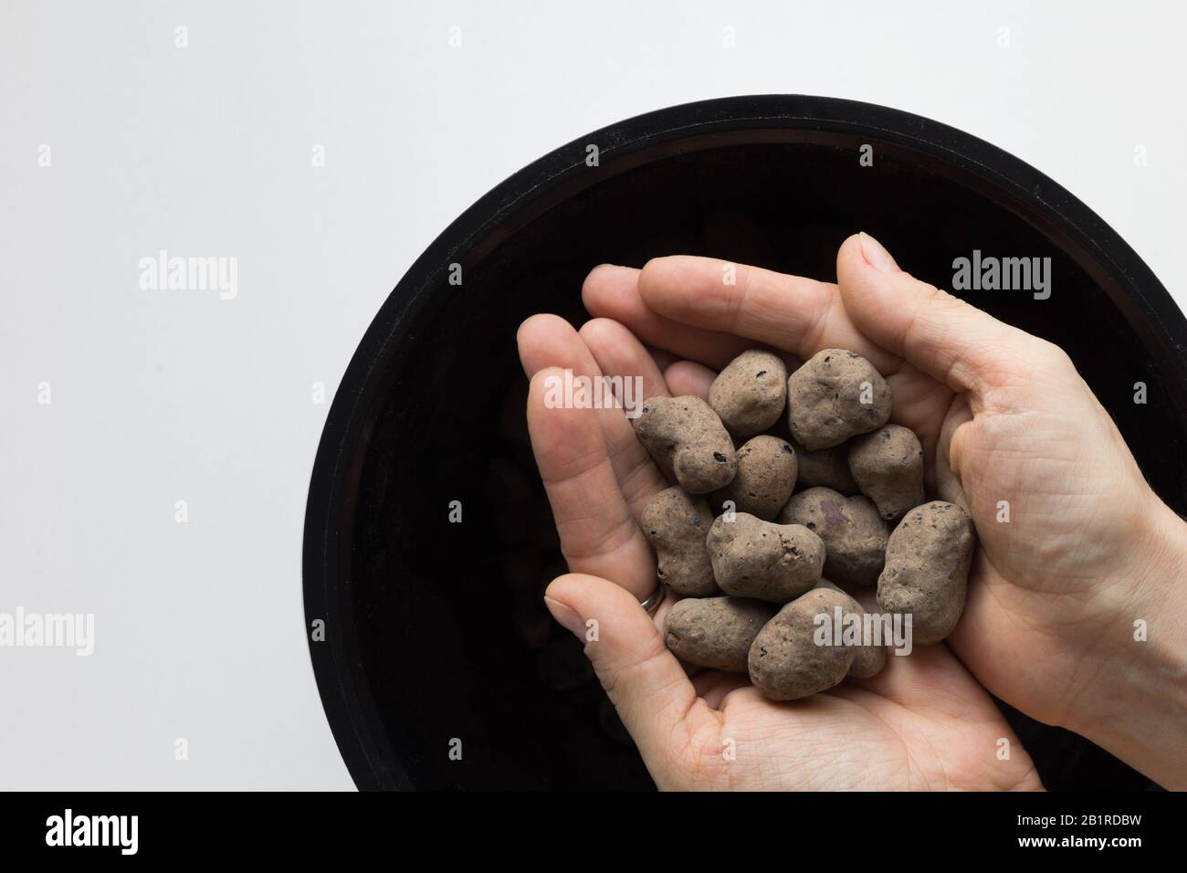 Woman hands holding drainage for put into pot for planting on white ...