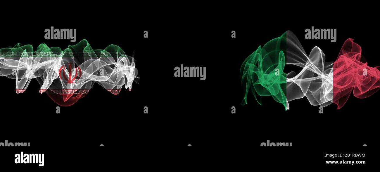 Flags of Iran and Italy on Black background, Iran vs Italy Smoke Flags ...