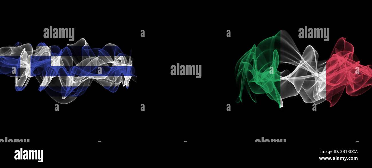 Flags of Greece and Italy on Black background, Greece vs Italy Smoke ...