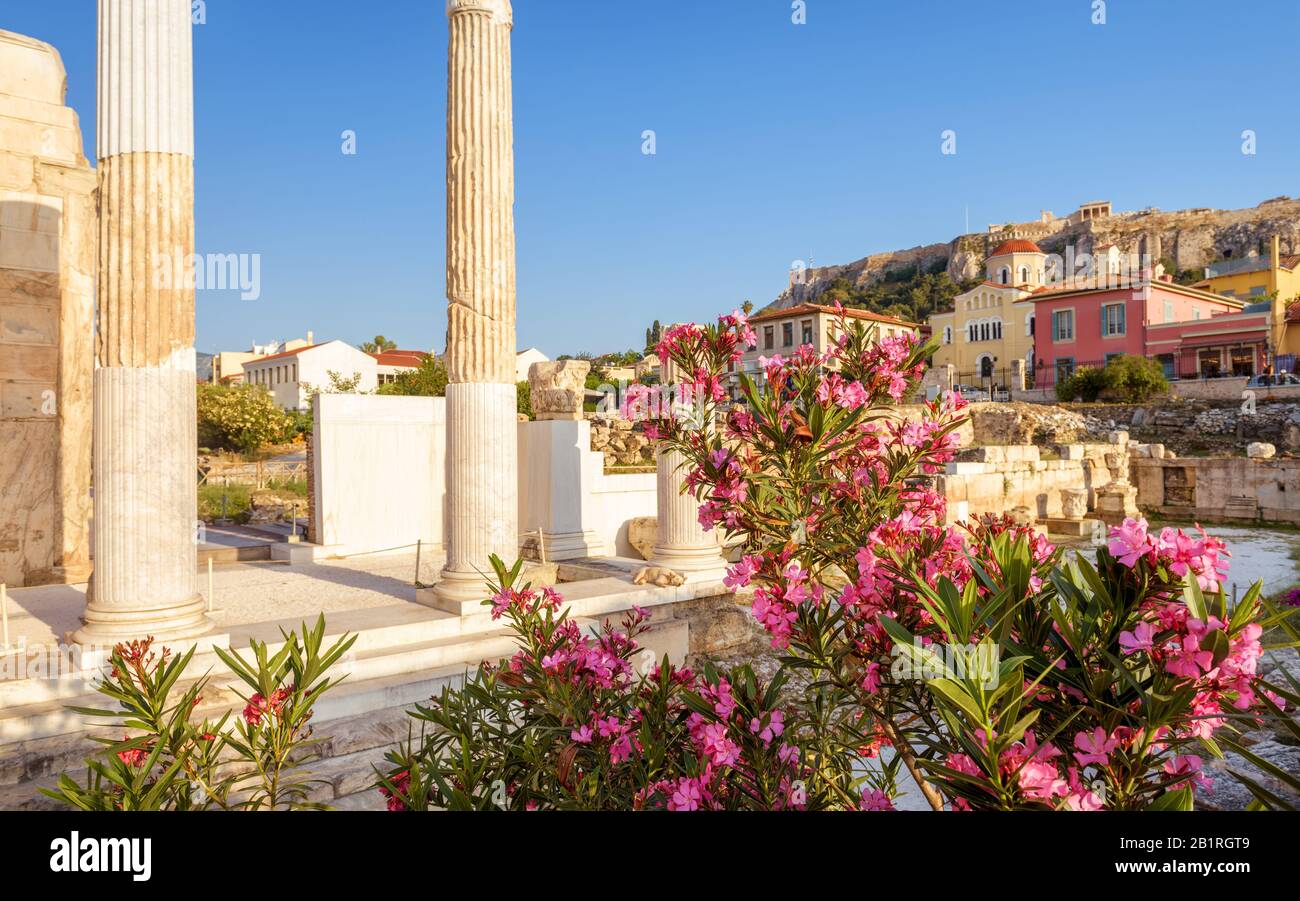 Sunny view of the Library of Hadrian, Athens, Greece. It is one of the ...