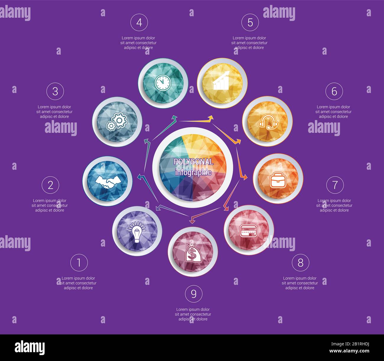 Polygonal infographics. For designs on 9 positions colorful circles ...