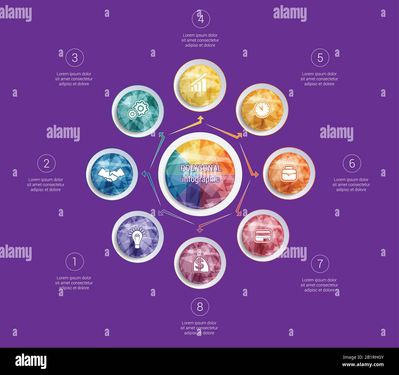 Polygonal infographics. For designs on 8 positions colorful circles ...