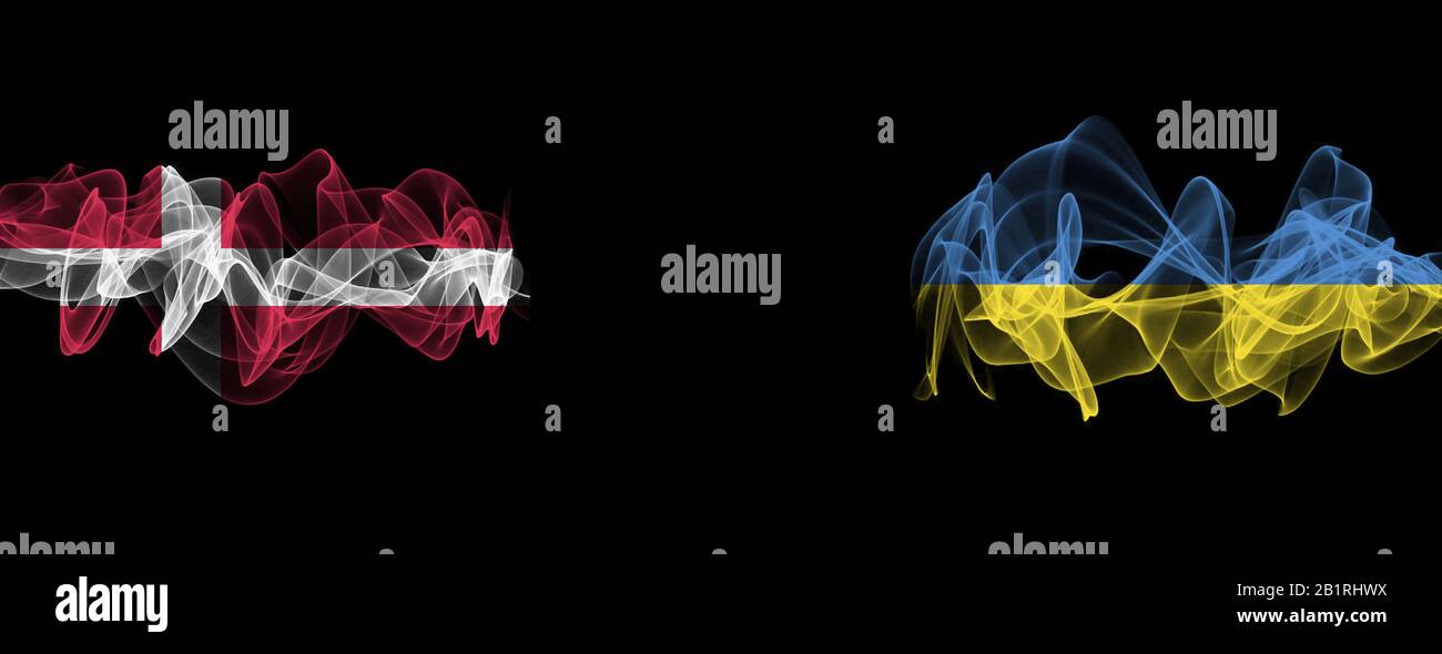Flags of Denmark and Ukraine on Black background, Denmark vs Ukraine ...
