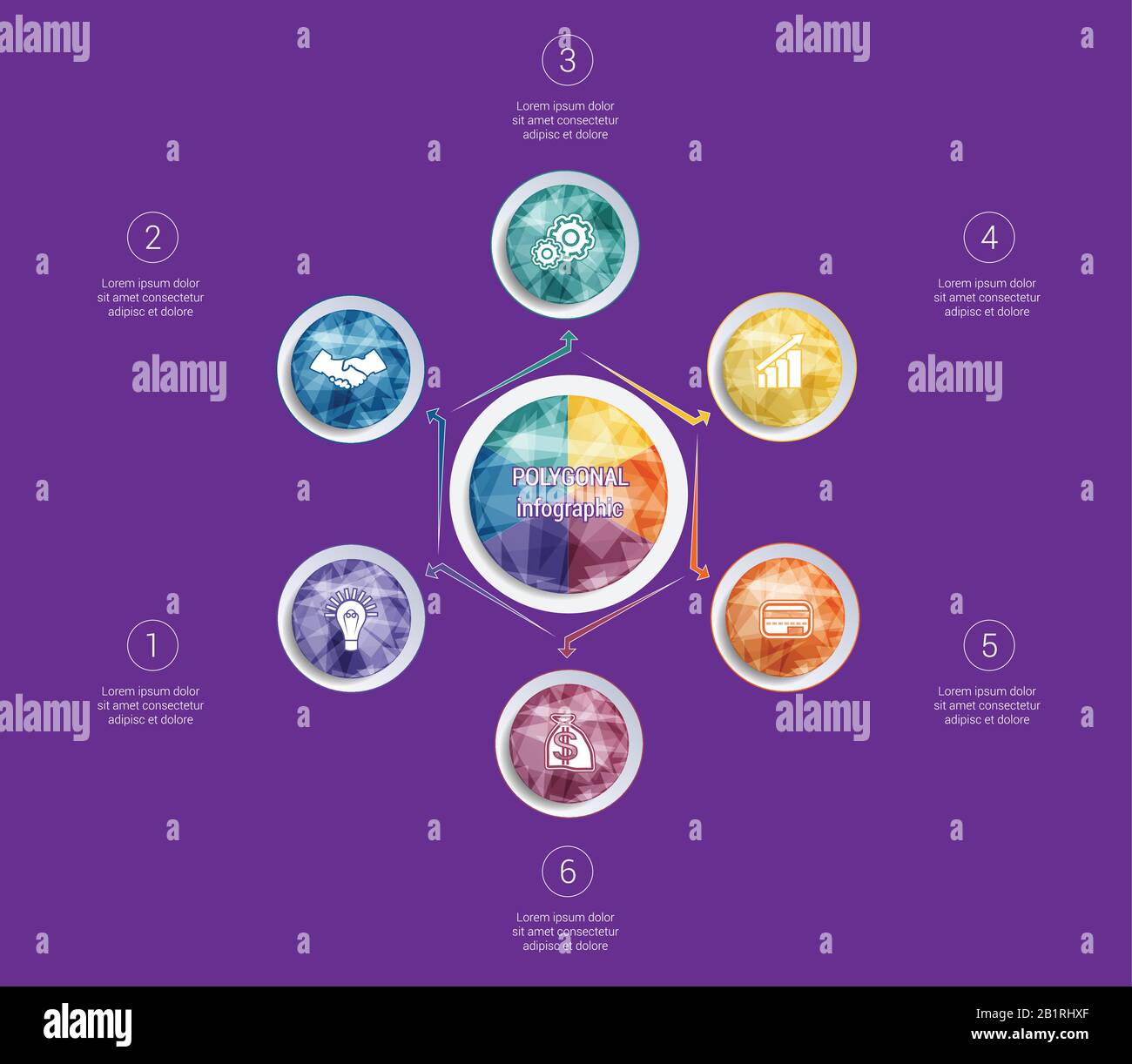 Polygonal infographics. For designs on 6 positions colorful circles ...