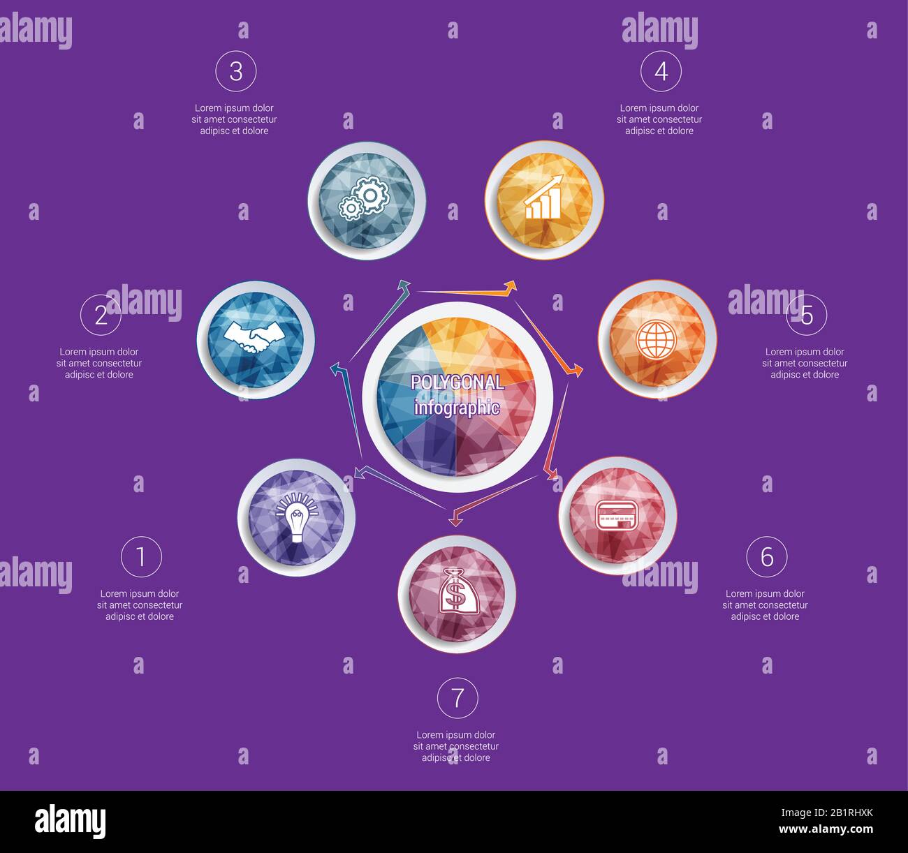 Polygonal infographics. For designs on 7 positions colorful circles ...