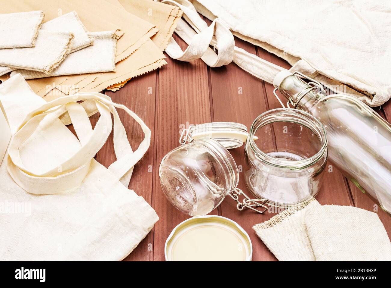 Assortment eco friendly packaging, zero waste, paper, glass and textile ...