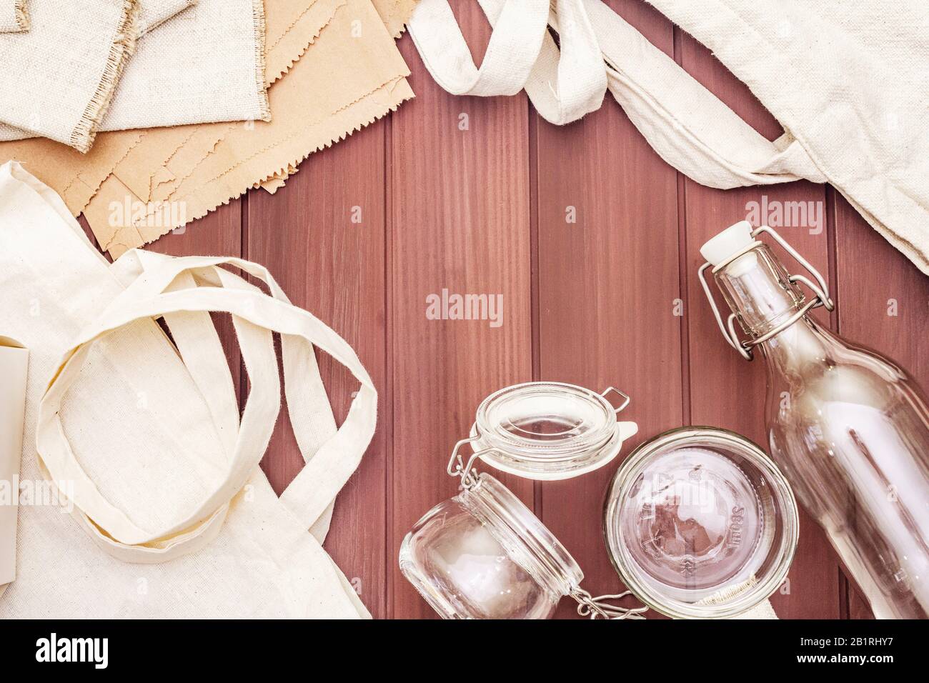 Assortment eco friendly packaging, zero waste, paper, glass and textile ...