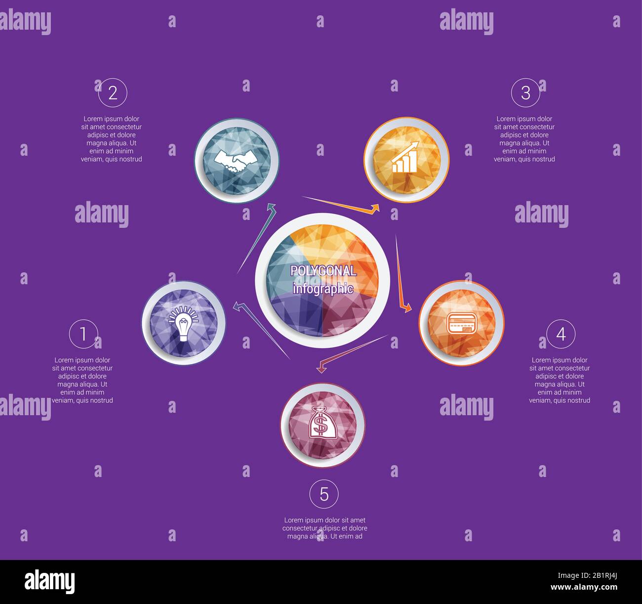 Polygonal infographics. For designs on 5 positions colorful circles ...