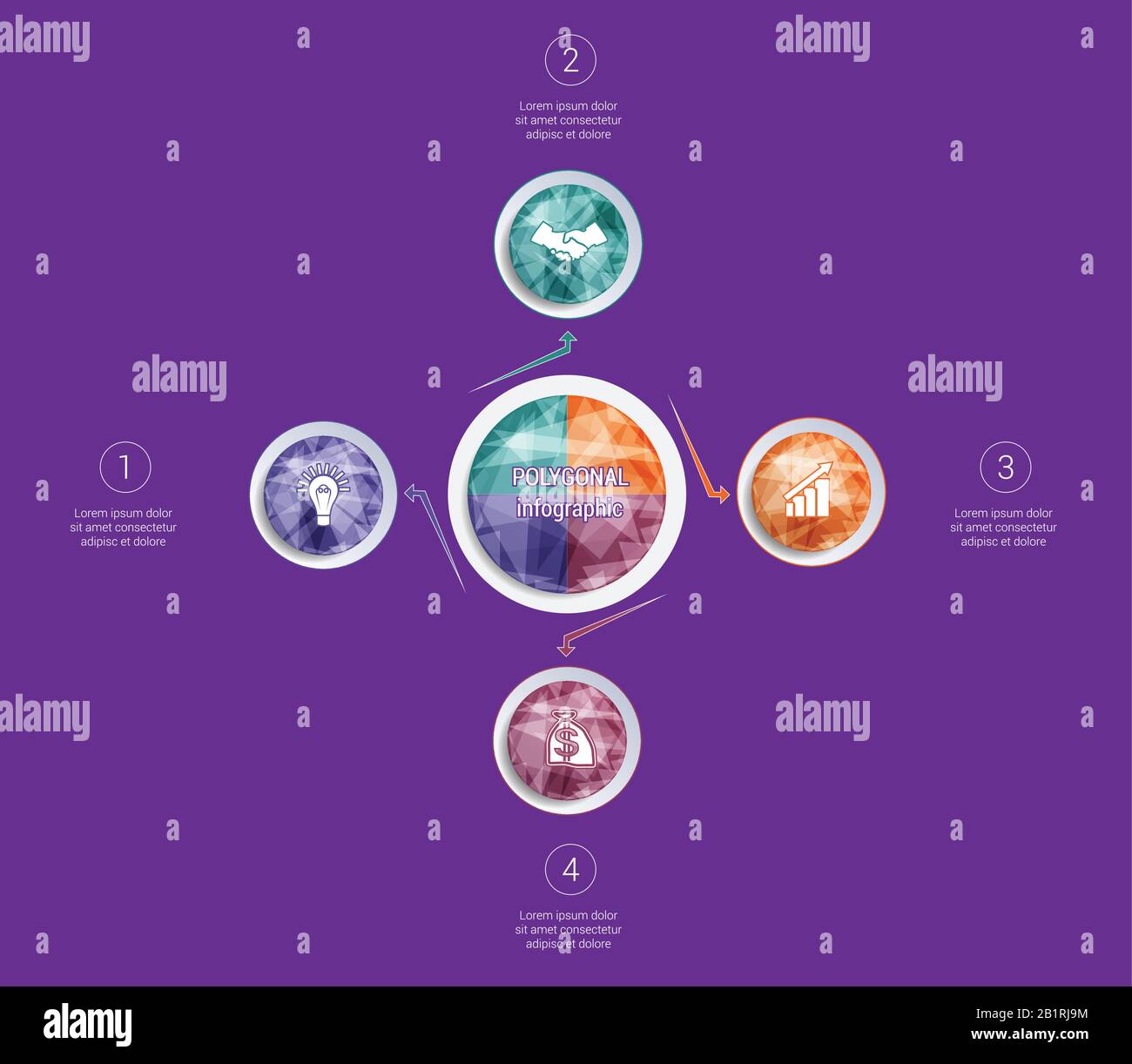 Polygonal infographics. For designs on 4 positions colorful circles ...
