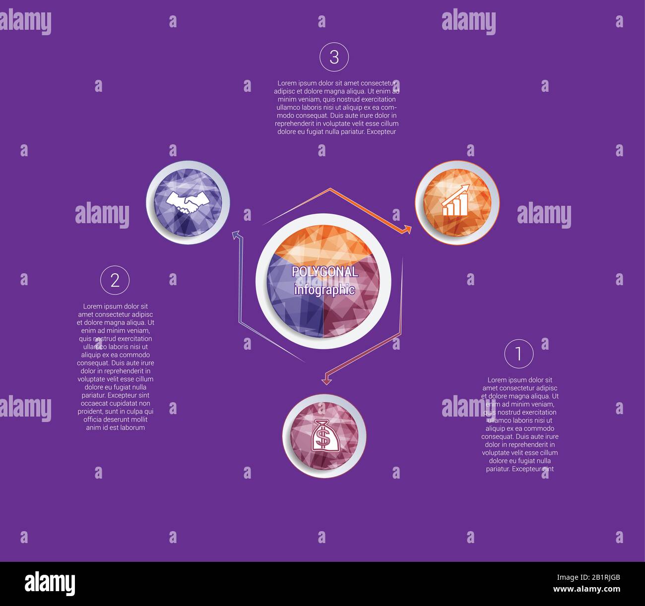 Polygonal infographics. For designs on 3 positions colorful circles ...