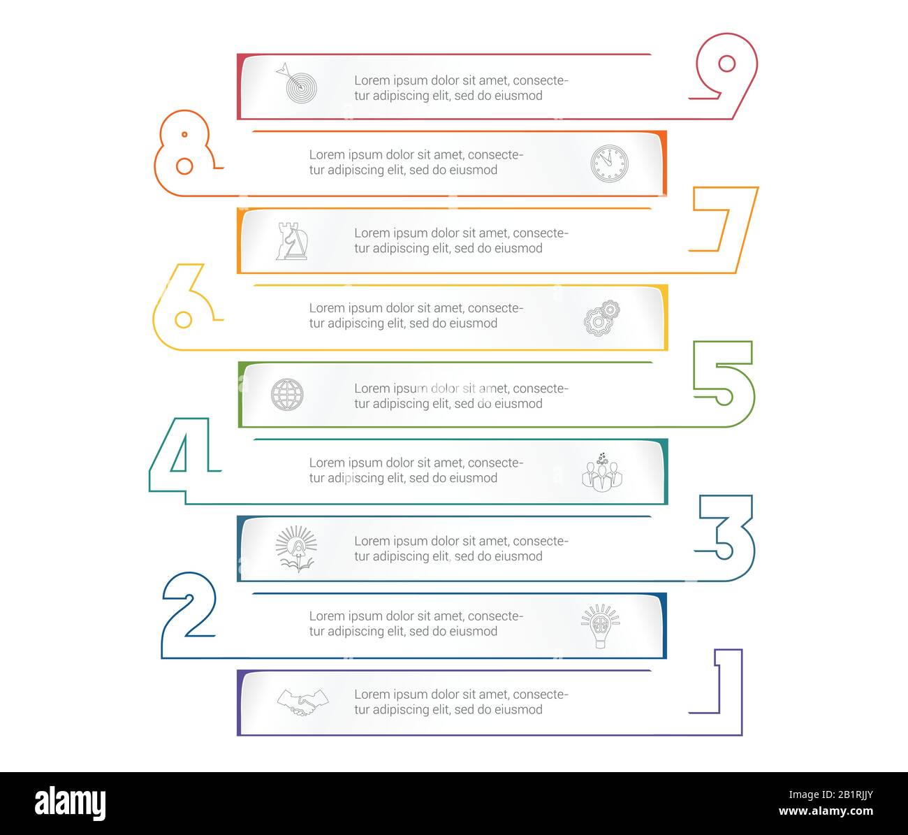 Horizontal paper stripes infographic template with color numbers. 9 ...