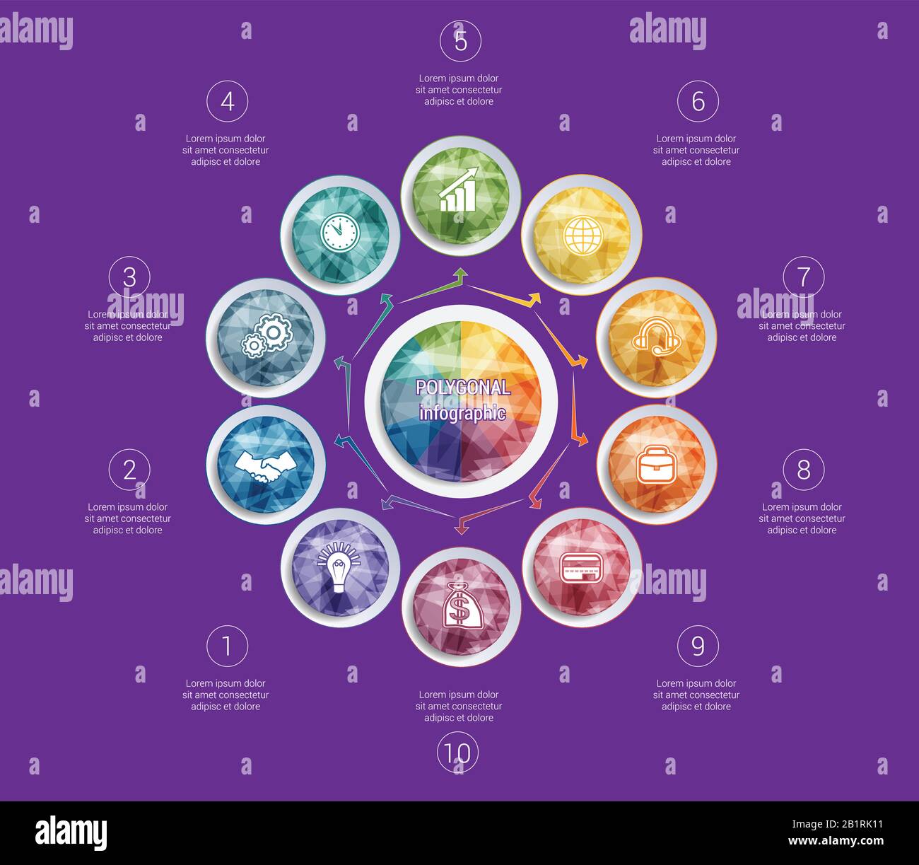 Polygonal infographics. For designs on 10 positions colorful circles ...