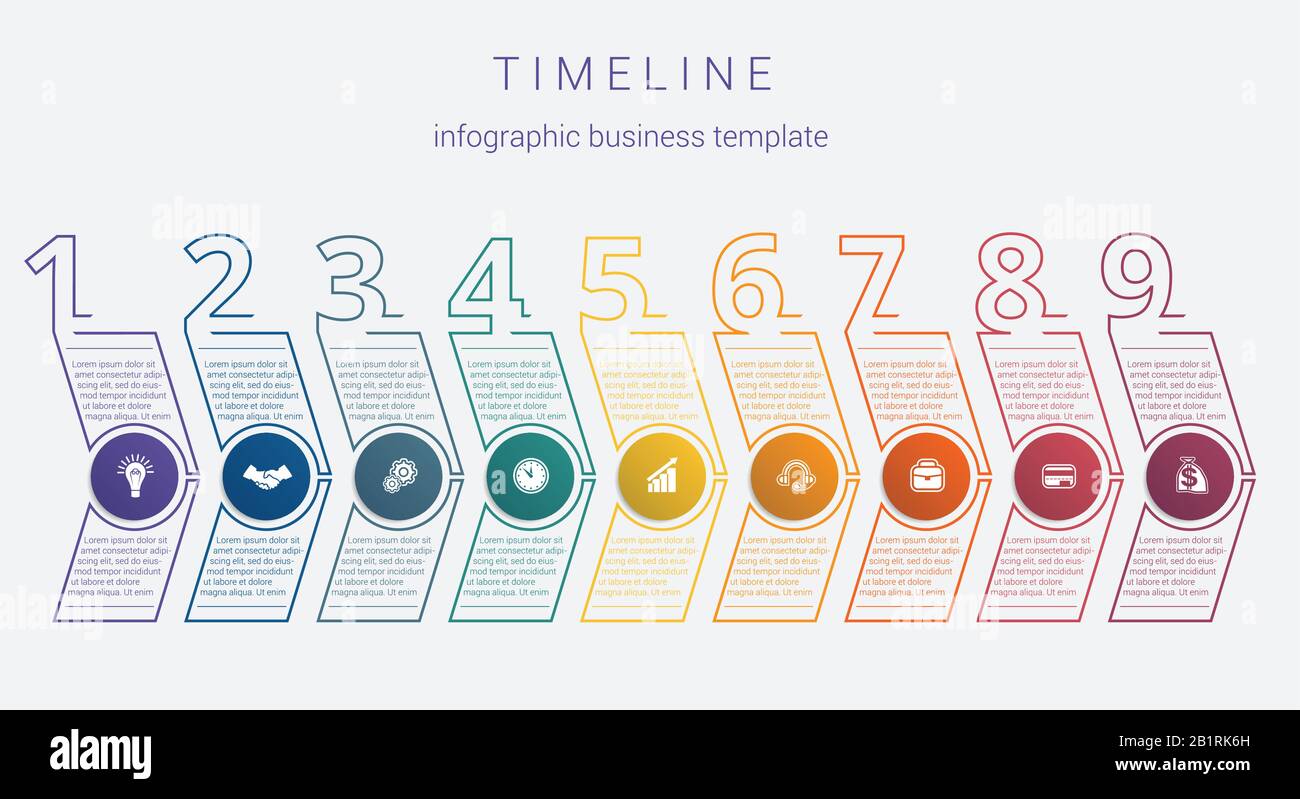 Timeline. infographic business template. Horizontal arrows 9 positions ...