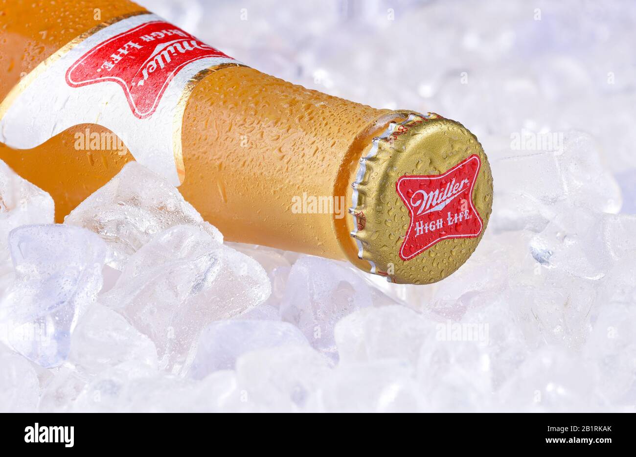 IRVINE, CA - APRIL 10, 2017: Miller High Life bottle on ice. High Life ...