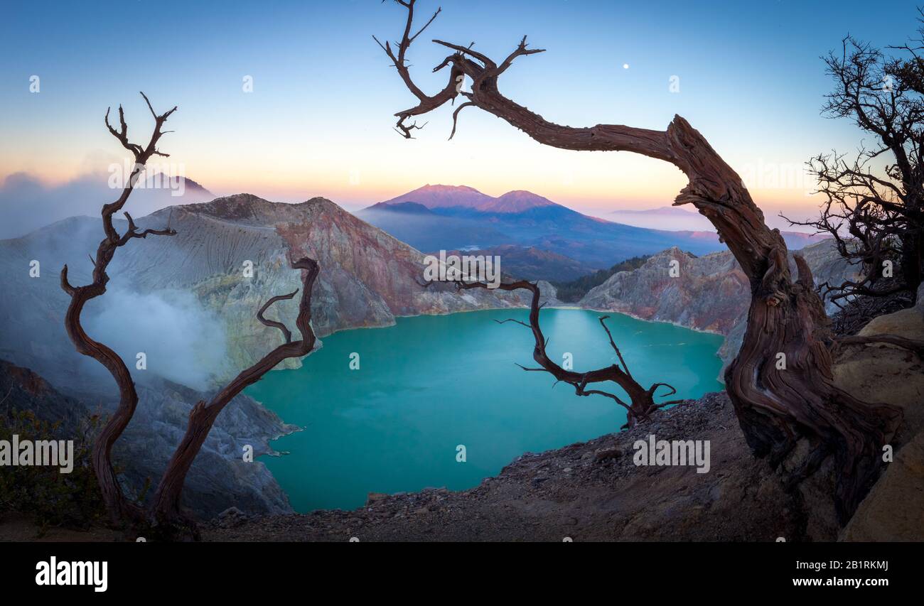 panorama scenic view of volcano lake mount iljen java indonesia at ...