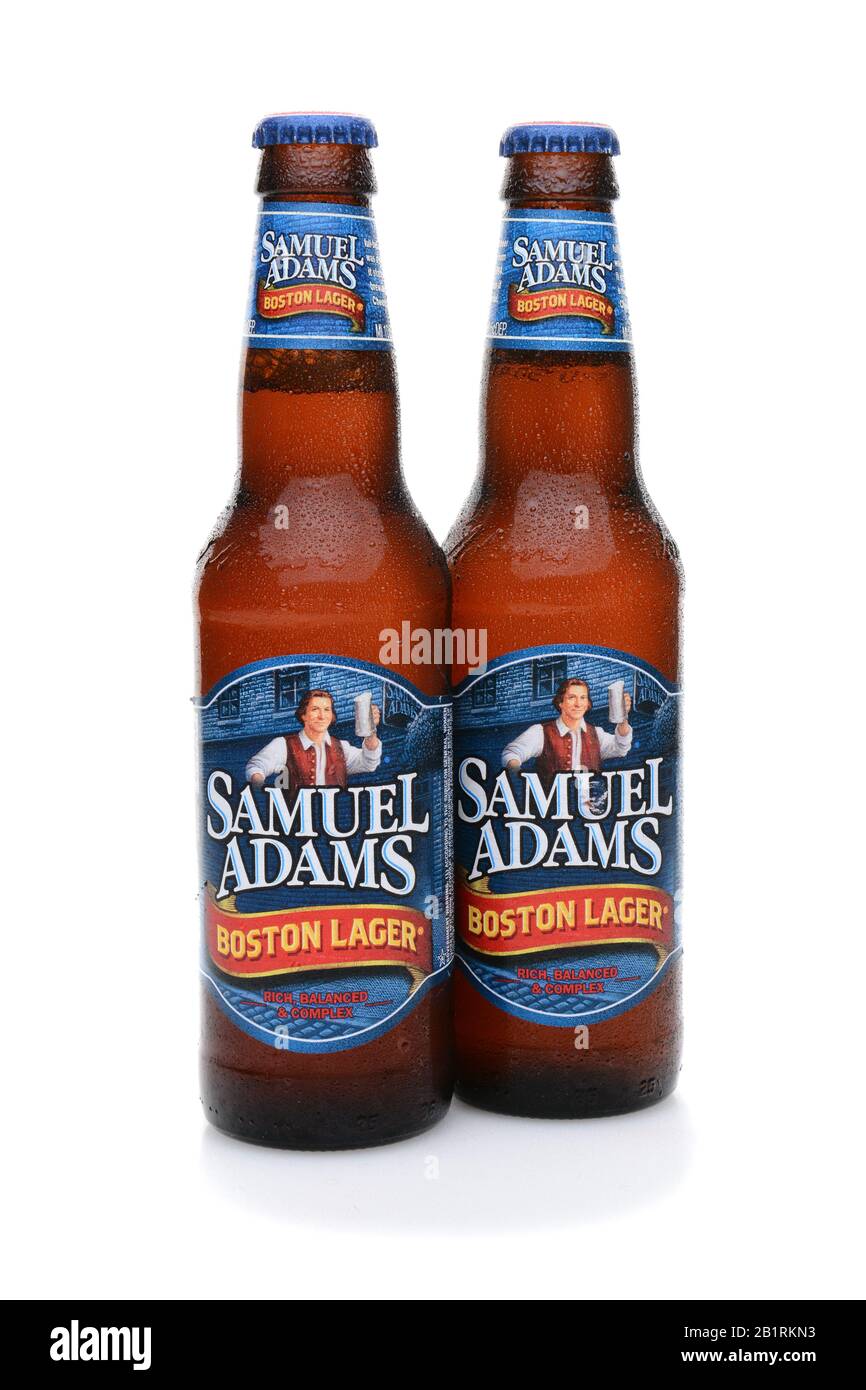 IRVINE, CA - MAY 25, 2014: Two bottles of Samuel Adams Boston Lager with condensation. Brewed by ...