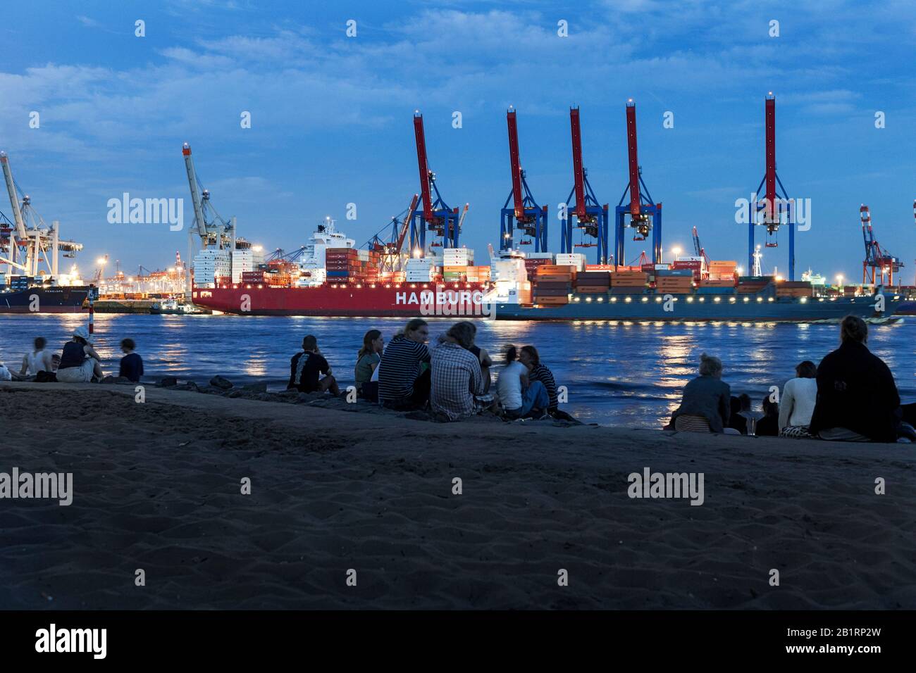 Elbe beach at full moon, Altona, Hamburg harbor, Hamburg, Germany Stock ...