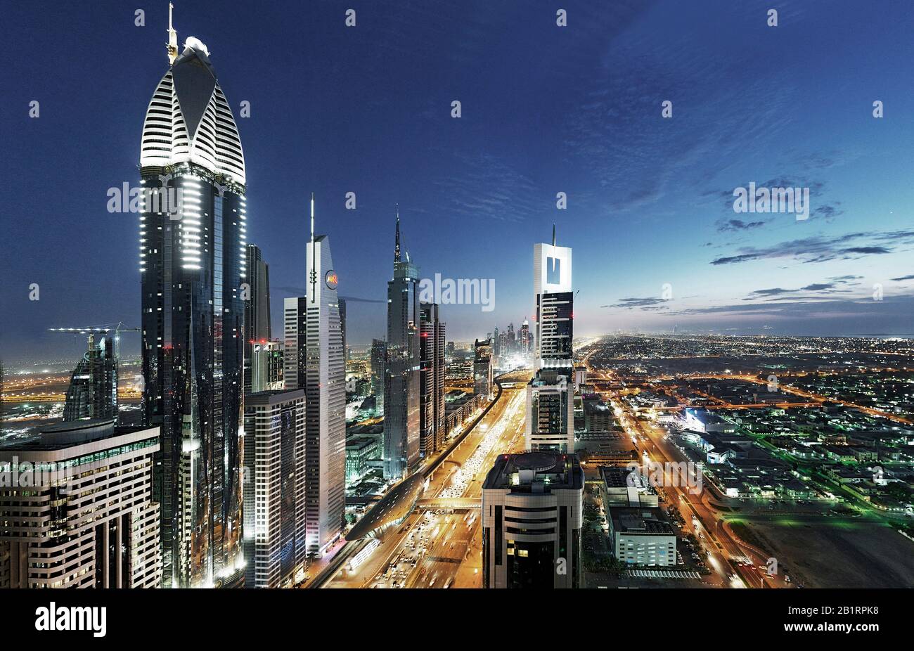 Evening mood at the Persian Gulf, Tower, skyscrapers, skyline, traffic ...