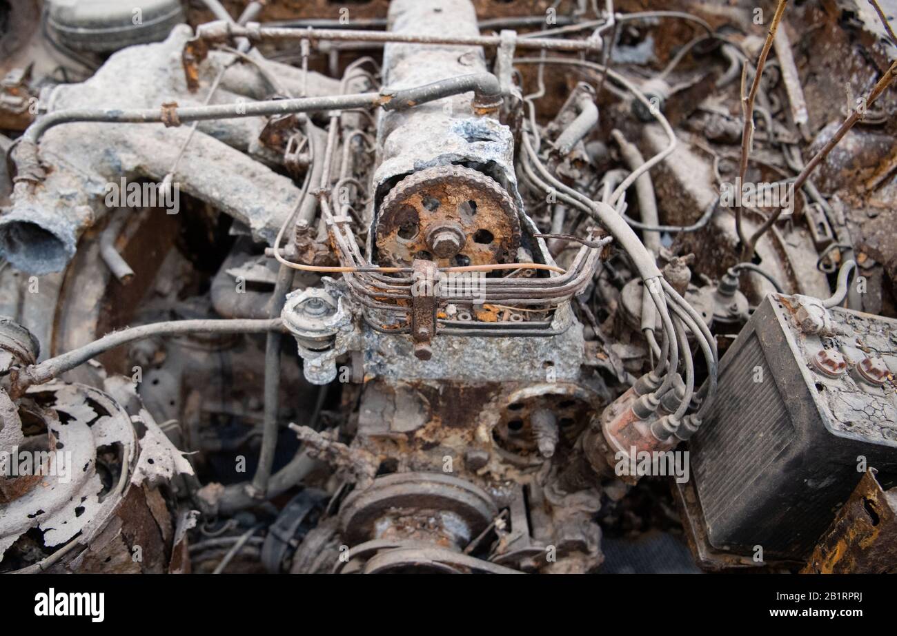 Stuttgart, Germany. 27th Feb, 2020. The rusty engine of a Mercedes-Benz ...