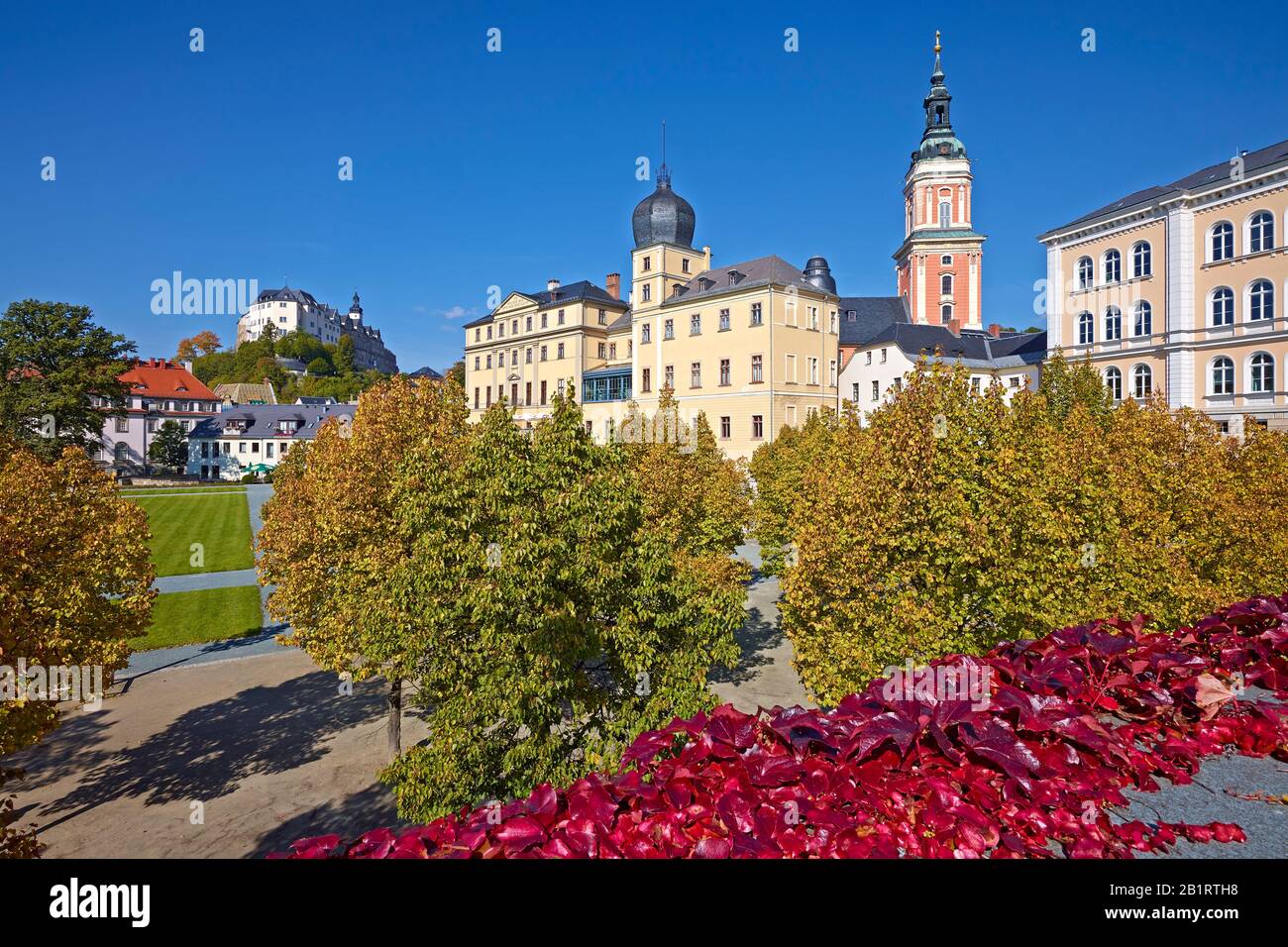 Upper and lower castle and church tower St. Marien, Greiz, Thuringia ...