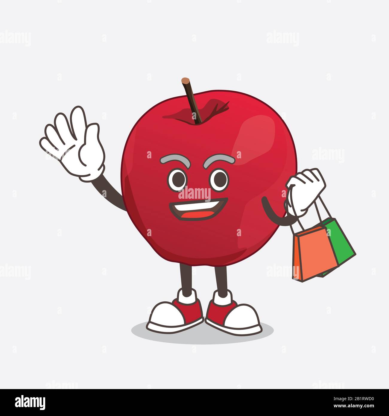 Apple cartoon mascot character waving and holding Shopping bag Stock ...