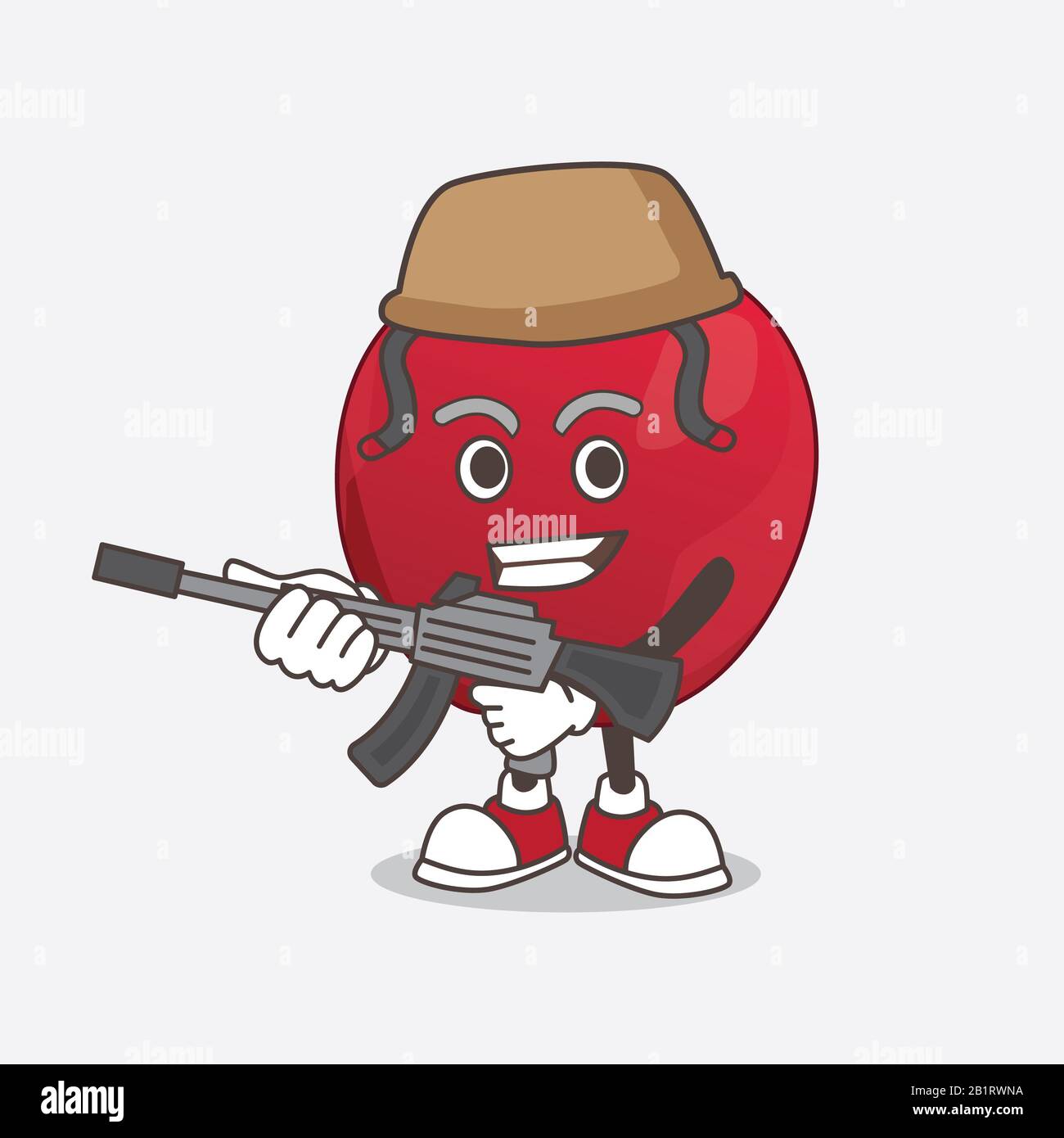 Apple cartoon mascot character in an Army uniform with machine gun ...